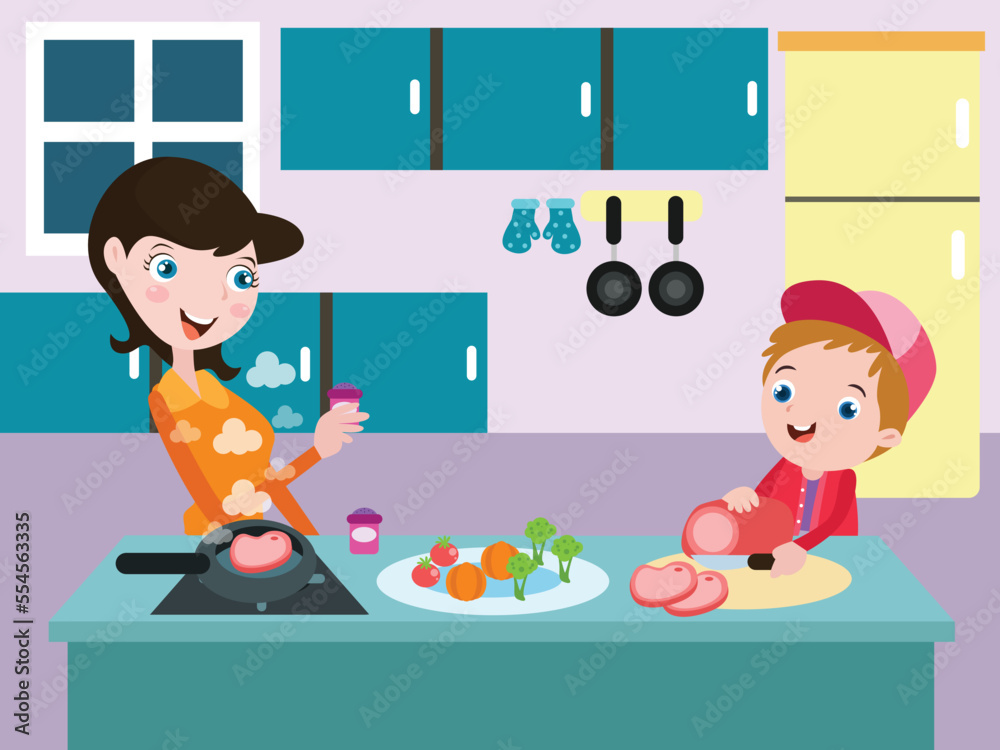 Little boy cartoon and his mother cooking meat Stock Vector | Adobe Stock