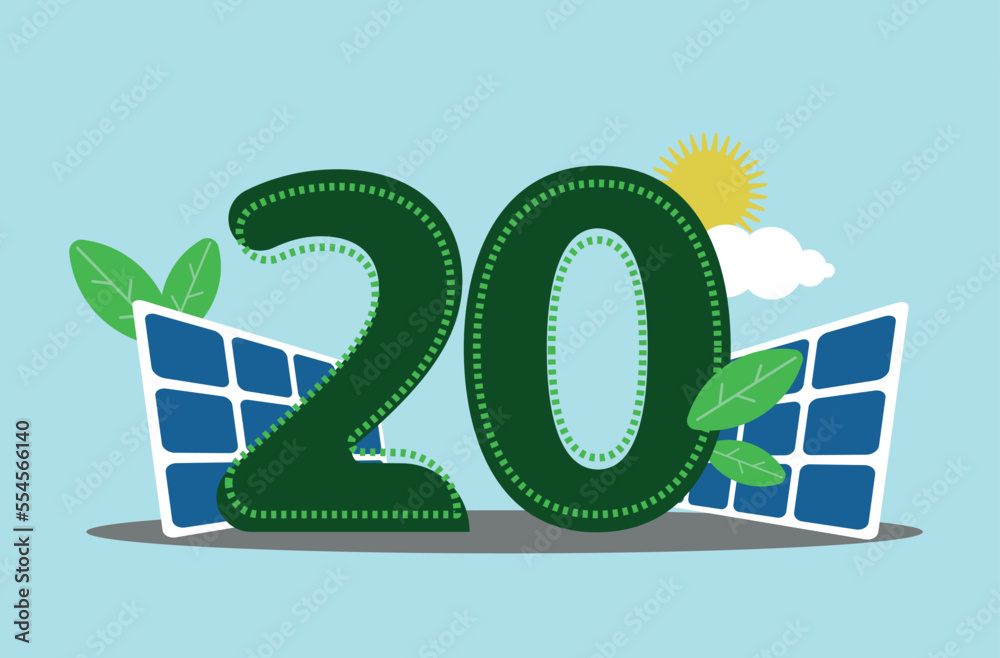 Number twenty 20 Green number with solar panel and sun with clouds ...