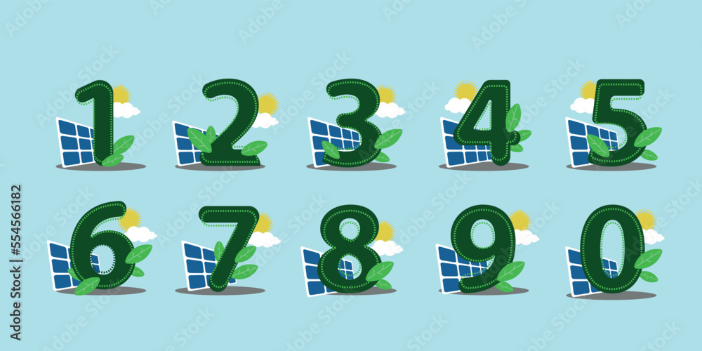 Numbers from zero to nine green with solar panel and sun with clouds ...