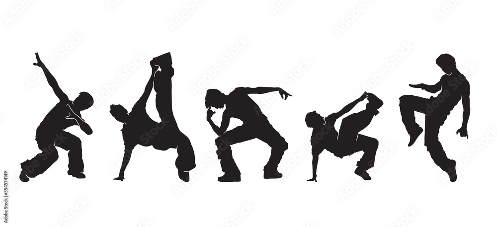Collection of Dancing street dance black silhouettes in urban style on ...