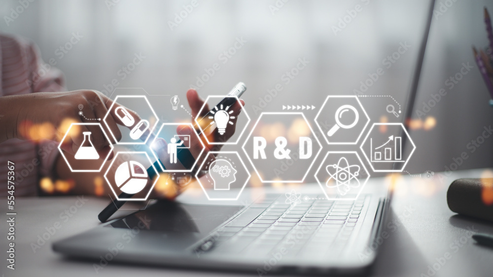 Businesswoman touched r and d sign. R d icon network business concept ...