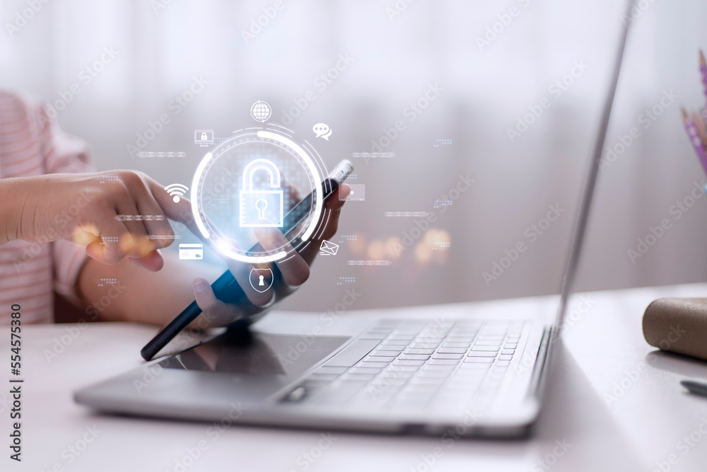 Child safety online. Little girl using smartphone at home. icon of ...