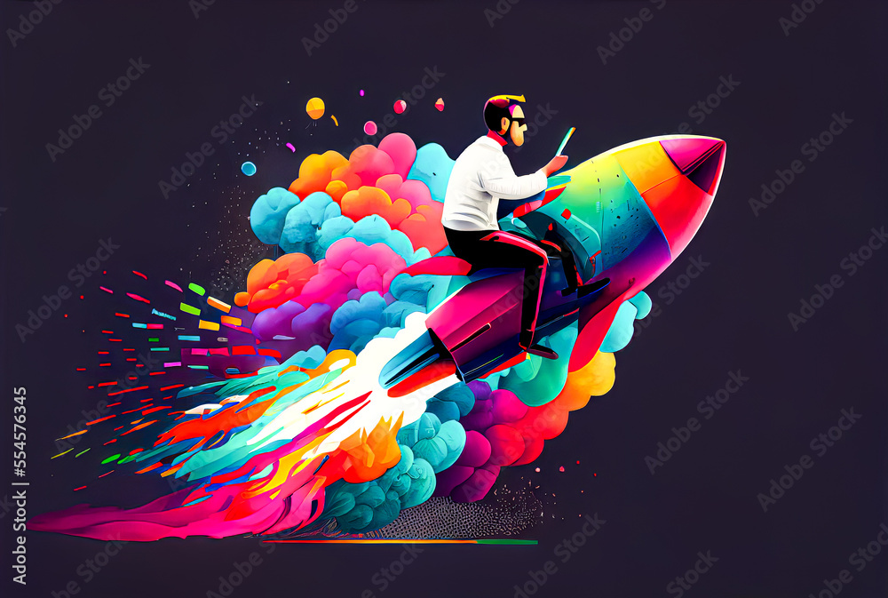 Rocket Office Desk Worker blast off marketing and sales graphics ...