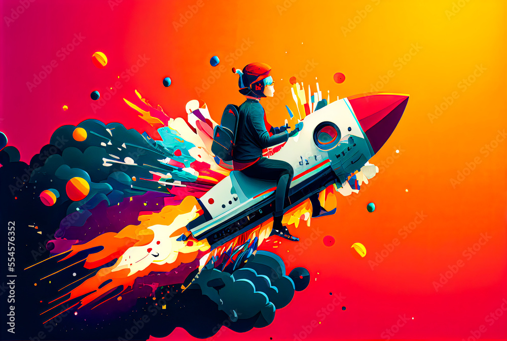 Rocket Office Desk Worker blast off marketing and sales graphics ...