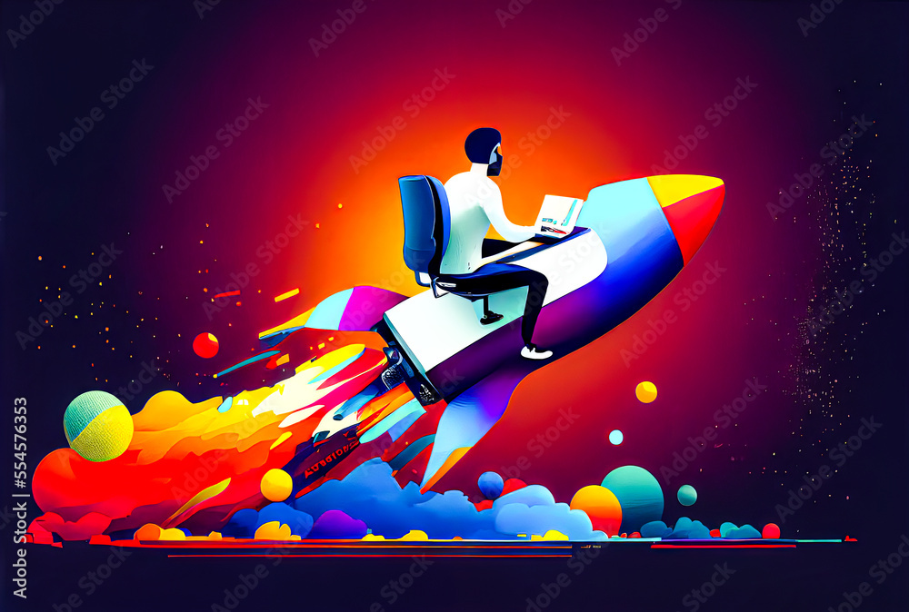 Rocket Office Desk Worker blast off marketing and sales graphics ...
