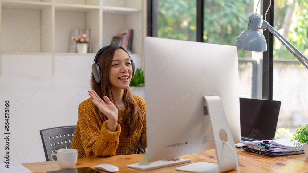 Happy indian young girl student wear headphone watch webinar listen ...