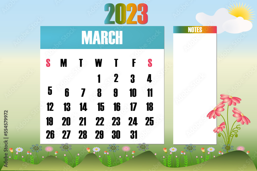 March 2023 - Calendar. Week starts on Sunday - stock vector ...