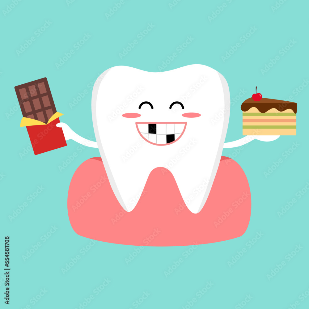 Cavity tooth cartoon with cake and chocolate sweet food that damage ...