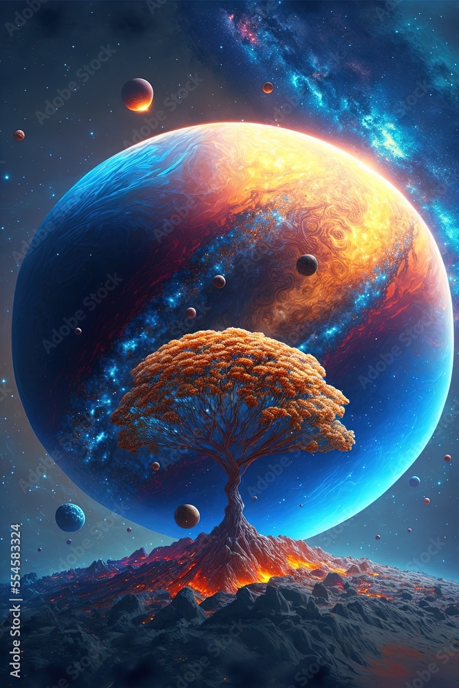 Key visual of colorful tree of life in front of a galaxy, universe ...