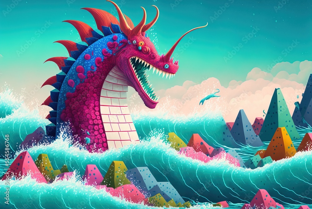 Colorful giant aquatic dragon creature in the ocean - mythical fearsome sea monster, cartoon ...