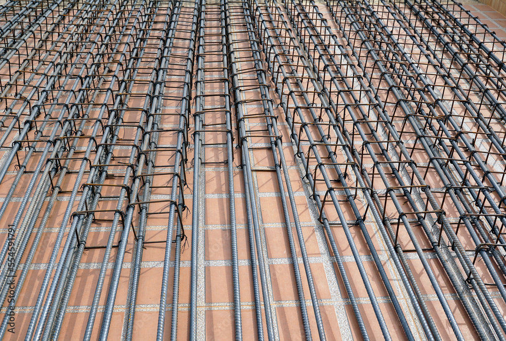 Steel column structure for structural work, laying foundations, helping ...