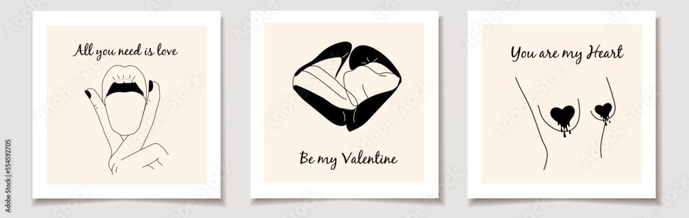 Set Of Valentines Day Sexual Hand Gesture And Tonguekissing Couplekiss Lips Love And