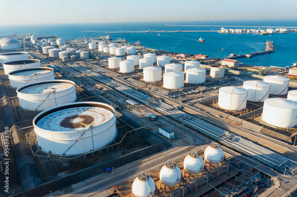 Aerial top view of White oil tank storage chemical petroleum petrochemical refinery product at ...