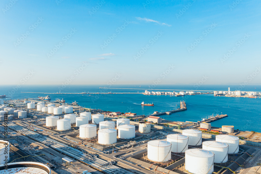 Aerial top view of White oil tank storage chemical petroleum ...