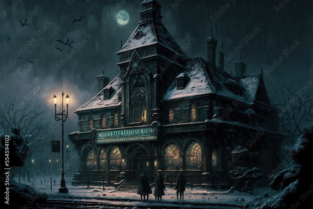 Generative AI : a vintage Victorian era Railway station on a cold snow ...