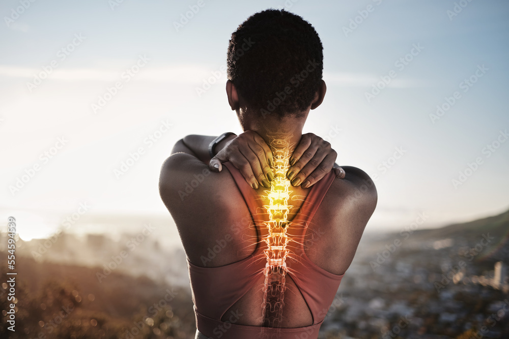 Exercise, back pain and spine problem of black woman outdoor for ...