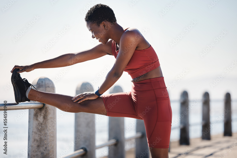 Stretching, running and fitness with black woman at beach for workout ...