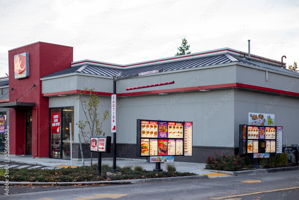 Jack in the box restaurant with outdoor menu and drive thru path. Jack ...