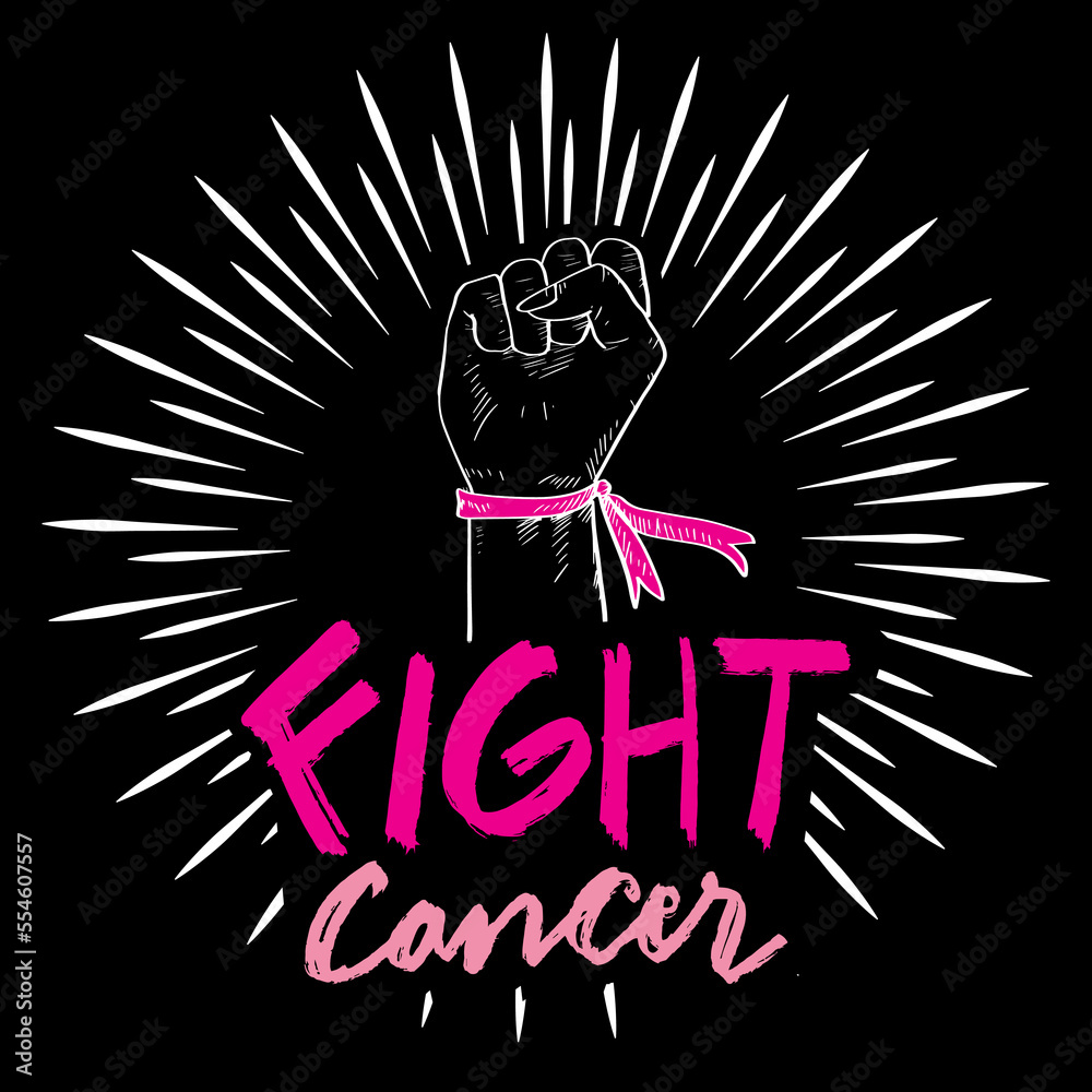 Fight cancer, hand lettering with fist hand women. Poster for breast ...