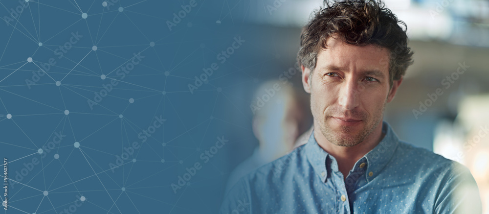 Mockup, banner and face of business man ready for corporate startup ...