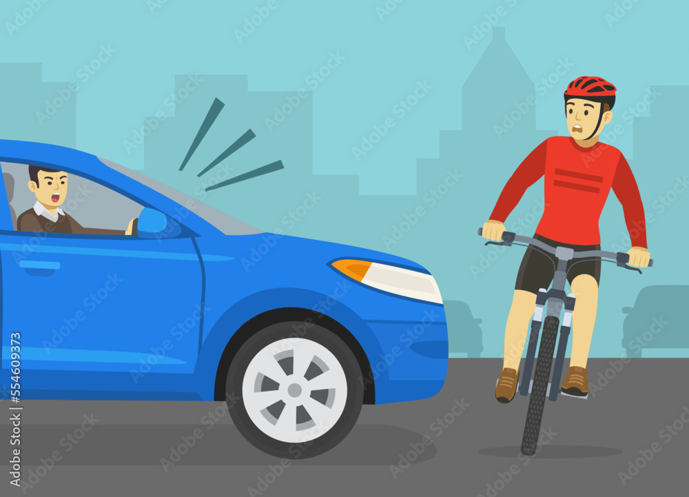 Road accident. Scared cyclist turned his head and looking at blue suv ...