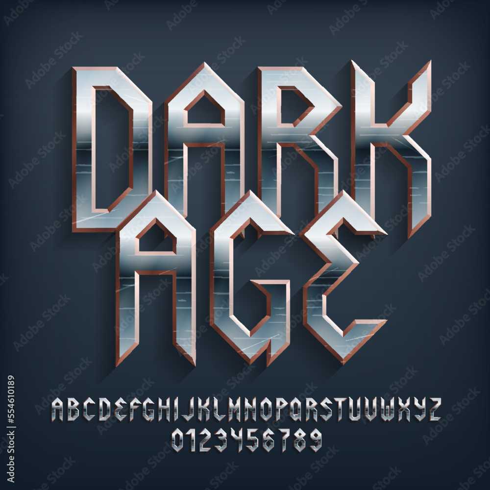 Dark Age alphabet font. Scratched metal vintage letters, numbers and ...