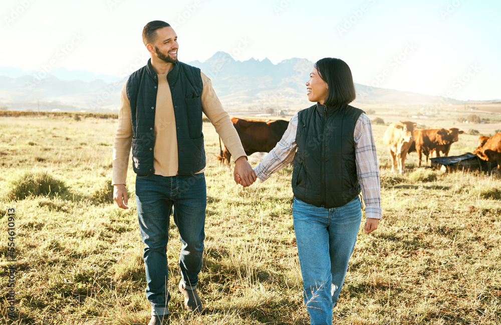 Farmer couple, cattle farming and happy while holding hands and walking ...