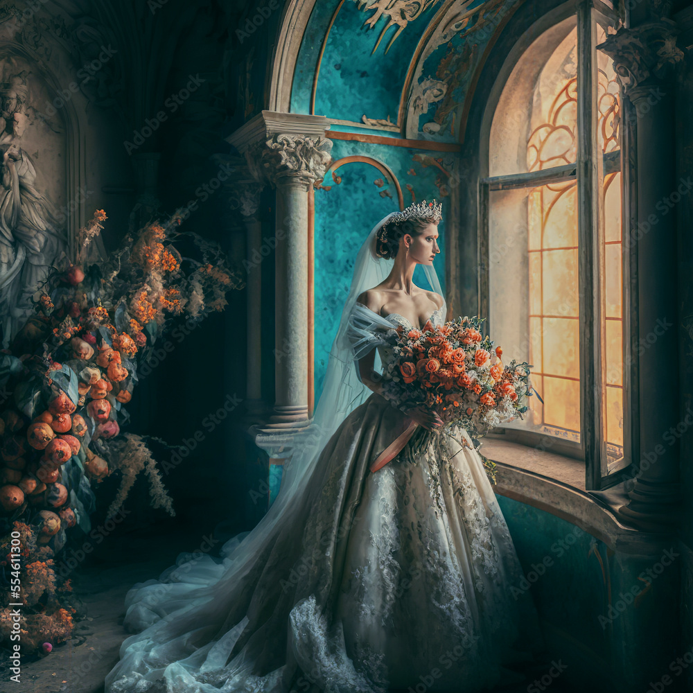 A Bride standing with flowers near an ornate window in a castle like a ...