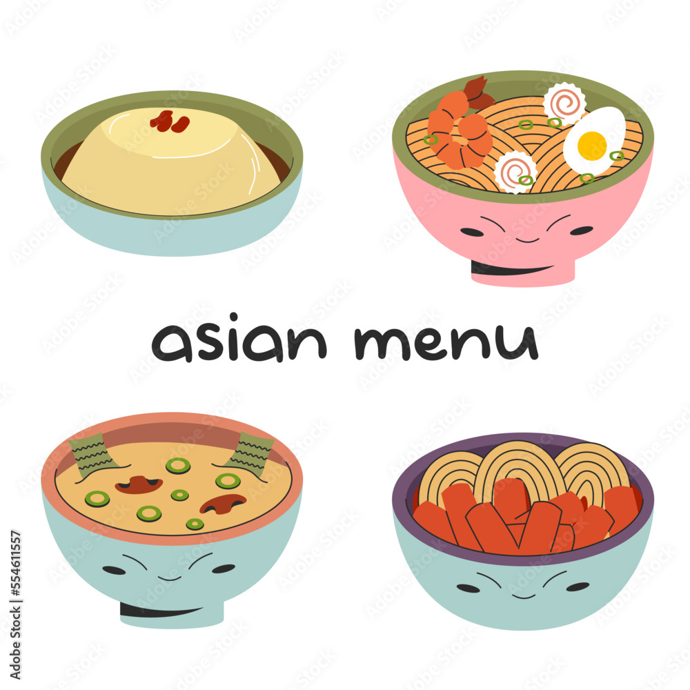Asian menu Set of different traditional dishes Cold rice cake Ramen ...