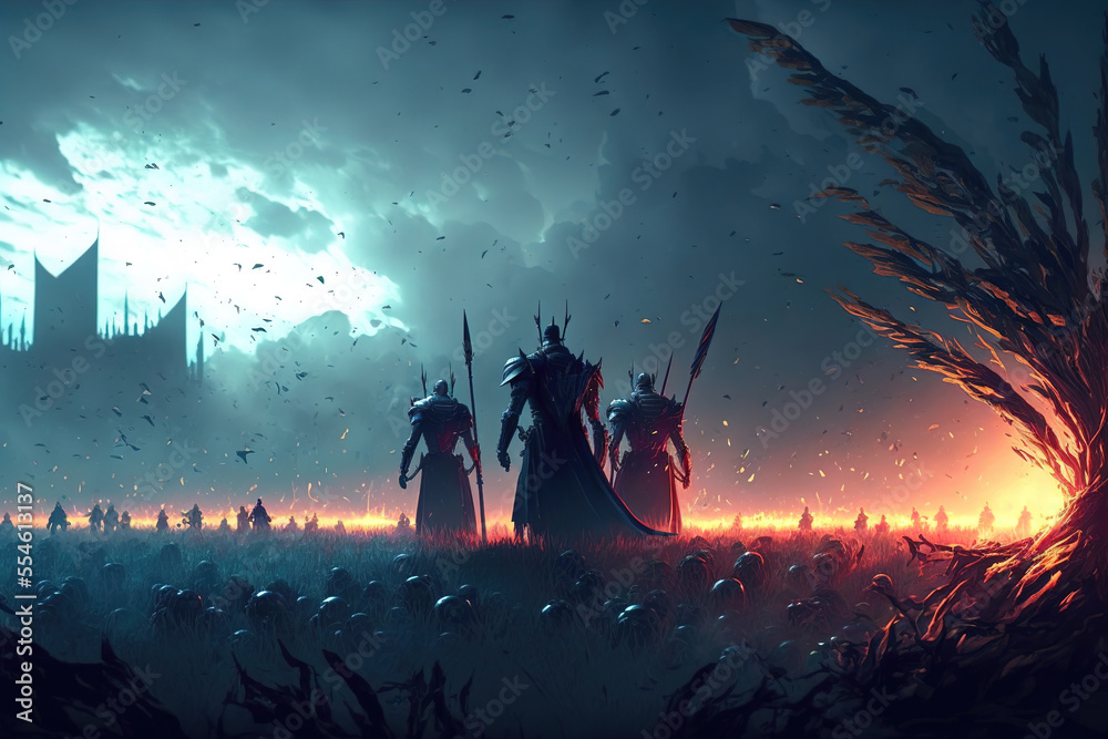 Battle of knights in armor on the battlefield, the struggle of good ...