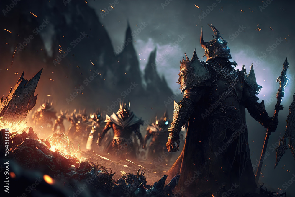 Battle of knights in armor on the battlefield, the struggle of good ...