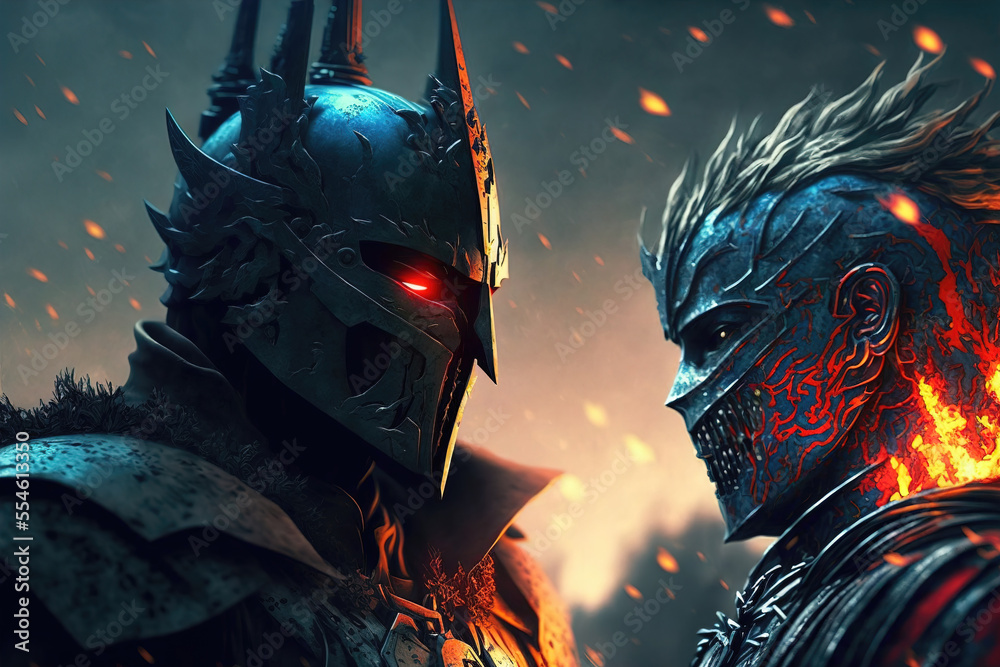 Battle of knights in armor on the battlefield, the struggle of good ...