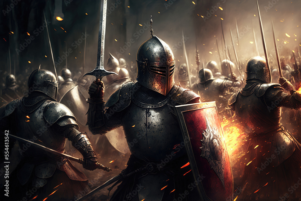 Battle of knights in armor on the battlefield, the struggle of good ...