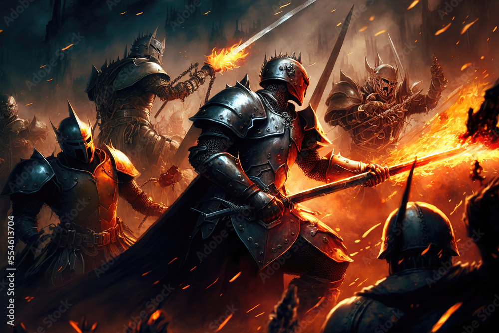 Battle of knights in armor on the battlefield, the struggle of good ...