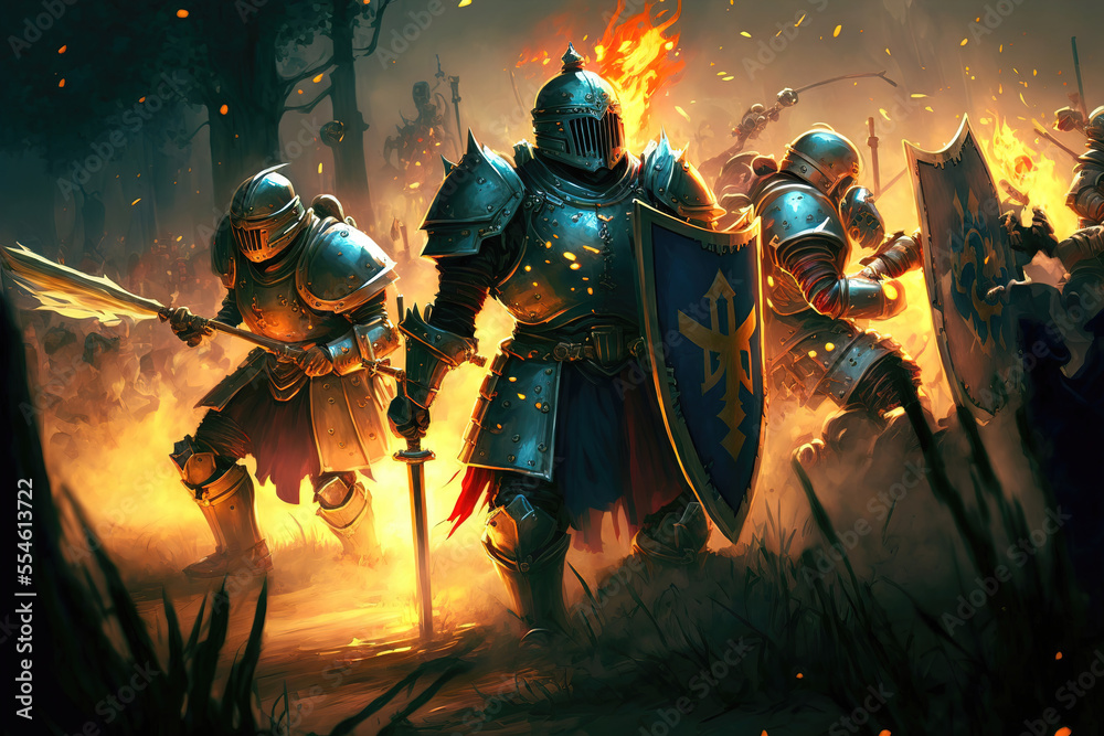 Battle of knights in armor on the battlefield, the struggle of good ...