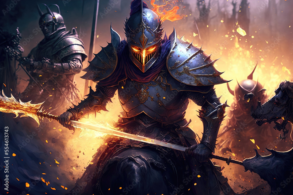 Battle of knights in armor on the battlefield, the struggle of good ...