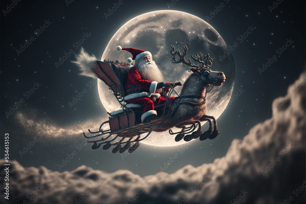 Merry Christmas and happy holidays! Santa Claus flying in his sleigh on background moon sky ...