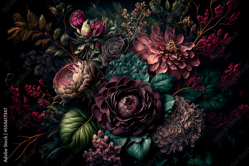 Roses on a black background. Abstract floral design for prints ...
