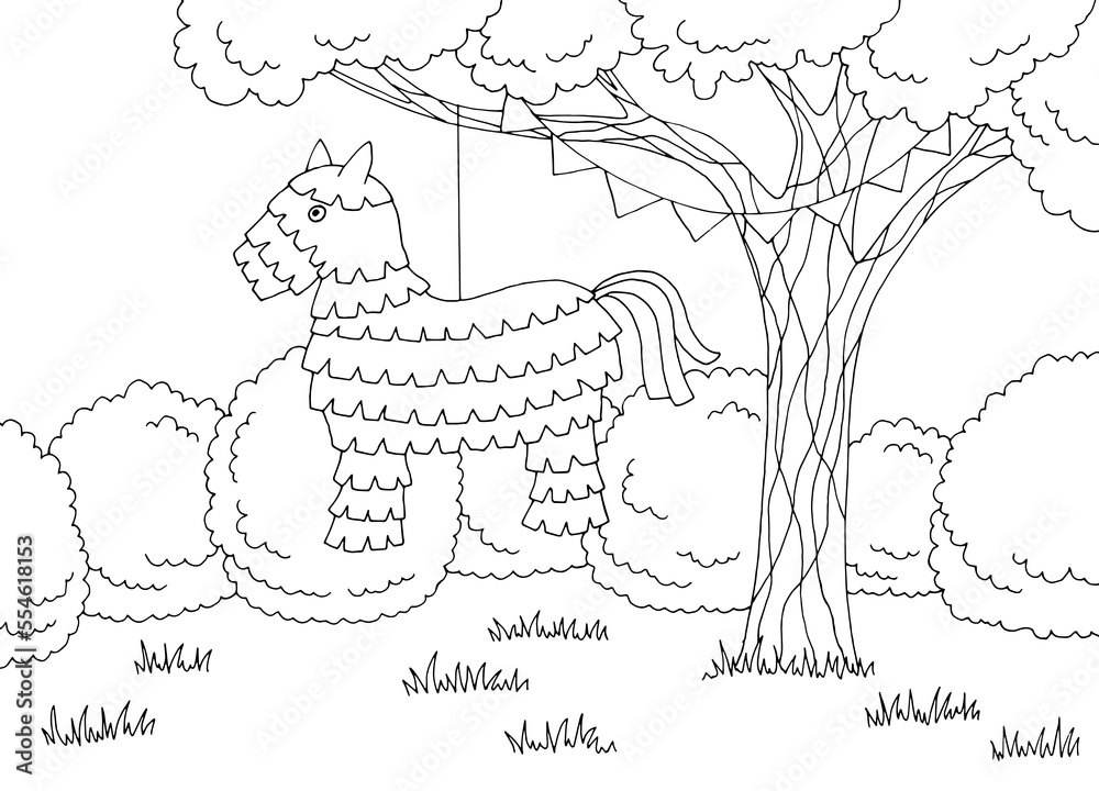 Pinata party graphic black white landscape sketch illustration vector ...