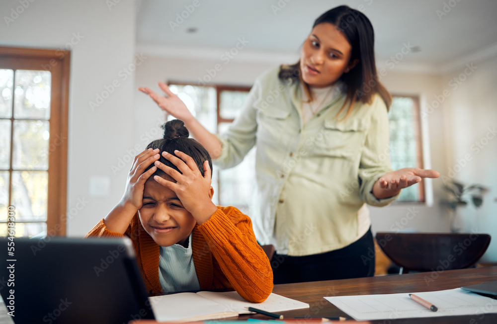 Education, fail and children with a student girl and indian woman looking confused or in doubt ...