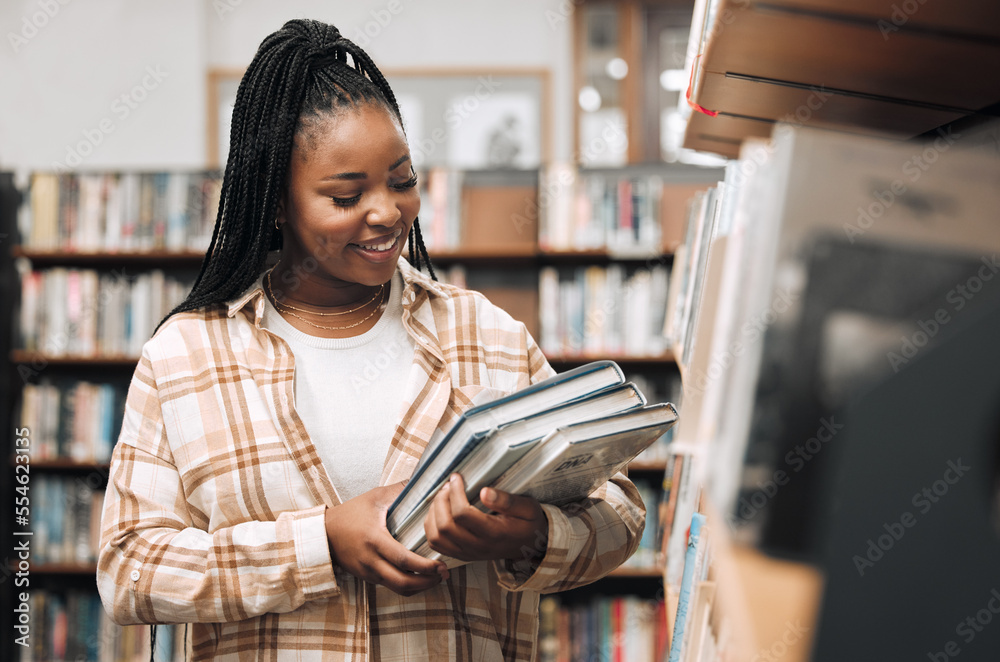 Black woman, university student and library with books for education ...