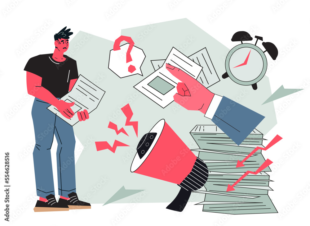 Stressed employees working overtime under deadline and time limit ...