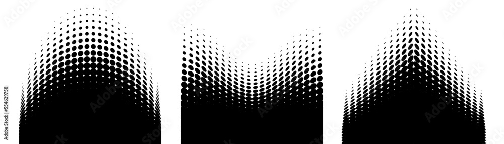 Set of halftone dots curved gradient pattern texture background. Curve dotted spots using ...
