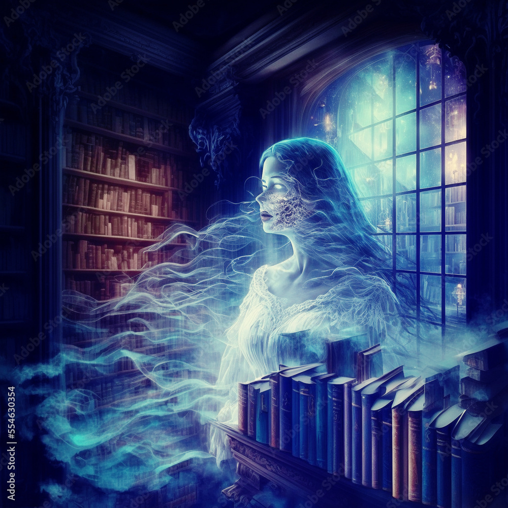 Ethereal haunting ghost of a lady in nightdress in a room full of books ...
