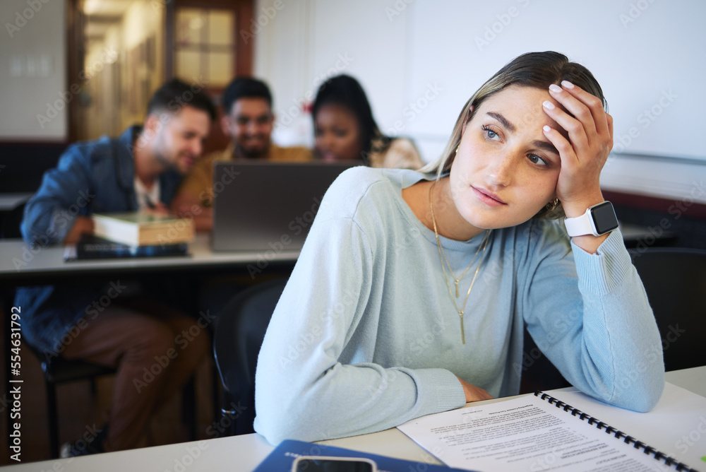 Stress, education and study with woman in classroom for exhausted ...