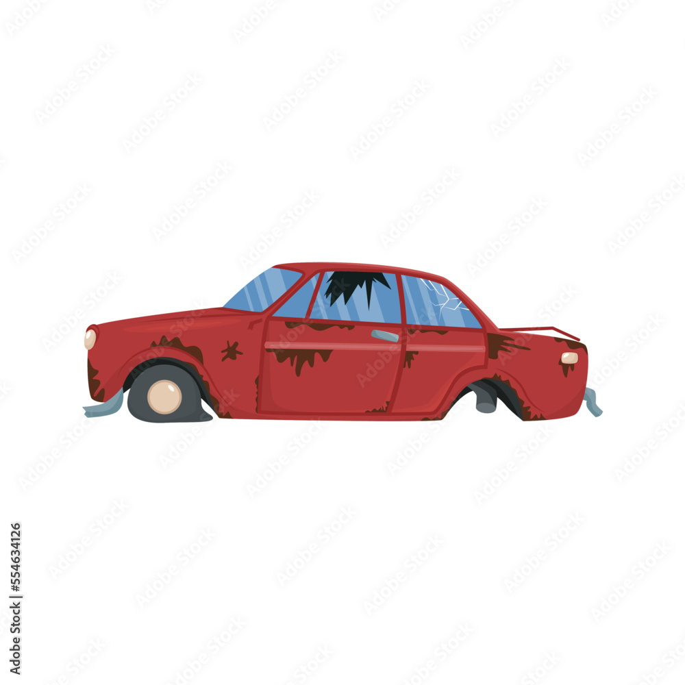 Broken car vector illustration. Cartoon drawings of damaged or ...
