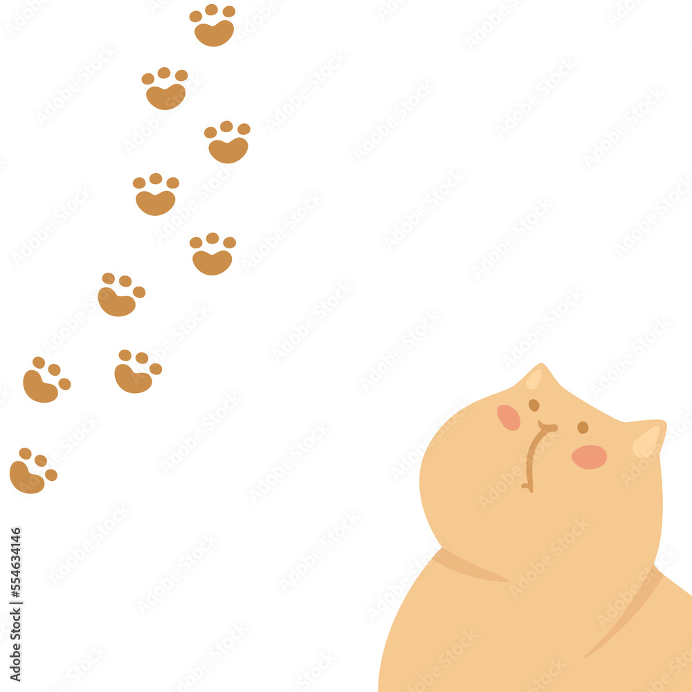 Cute cat character and brown paw prints vector illustration. Cartoon ...