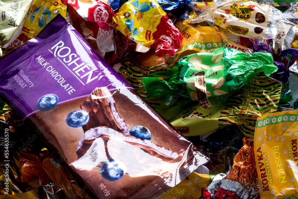Wrappers from Roshen sweets. Stock Photo | Adobe Stock