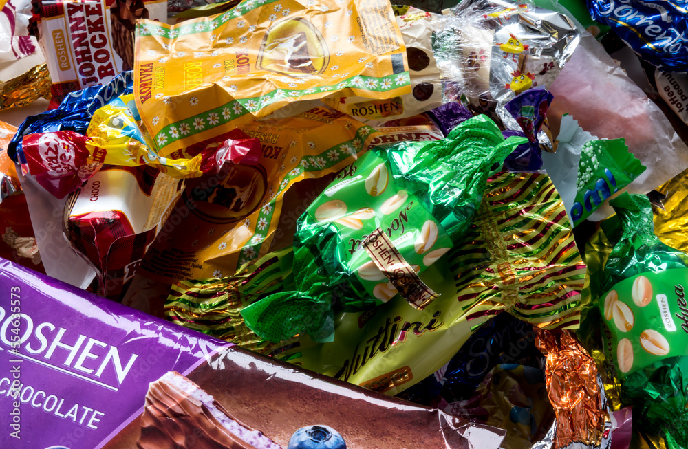 Wrappers from Roshen sweets. Stock Photo | Adobe Stock