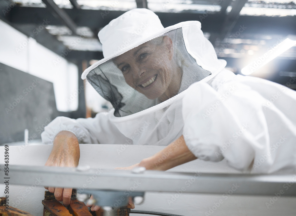 Woman, beekeeper suit and honey production, manufacturing and process ...